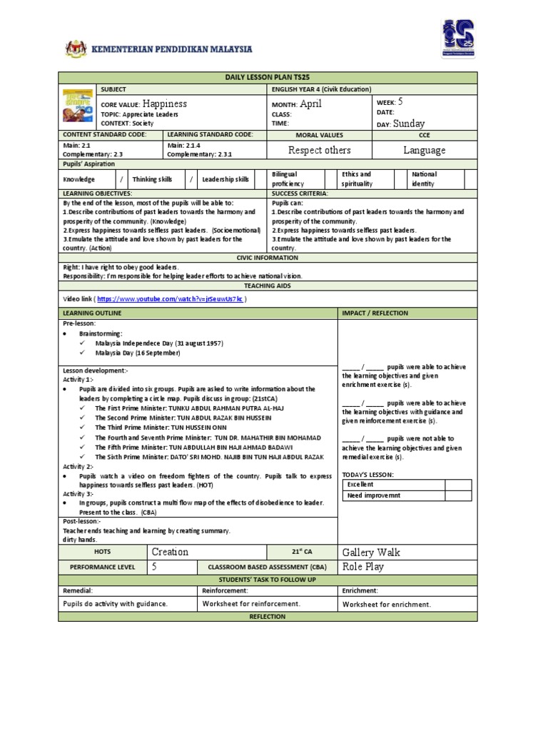 BI Y4 LP TS25 - Civic Education | Download Free PDF | Lesson Plan ...
