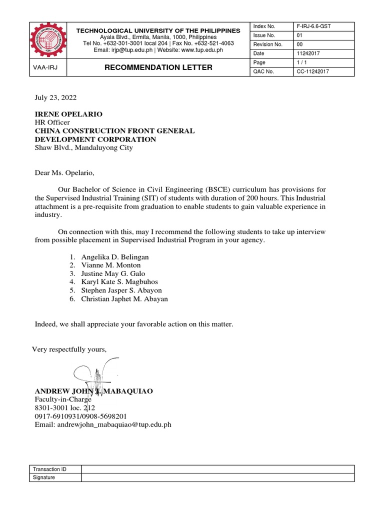 Recommendation Letter: Vaa-Irj | PDF