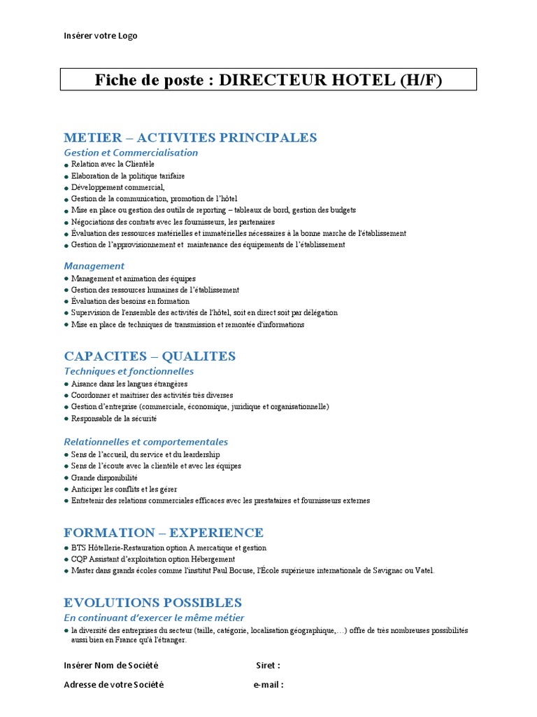 Fiche de Poste : Directeur d'Hôtel | PDF | Économie | Business