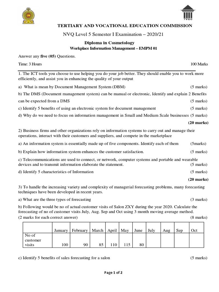 NVQ Level 5 Semester I Examination - 2020/21: Tertiary and Vocational ...