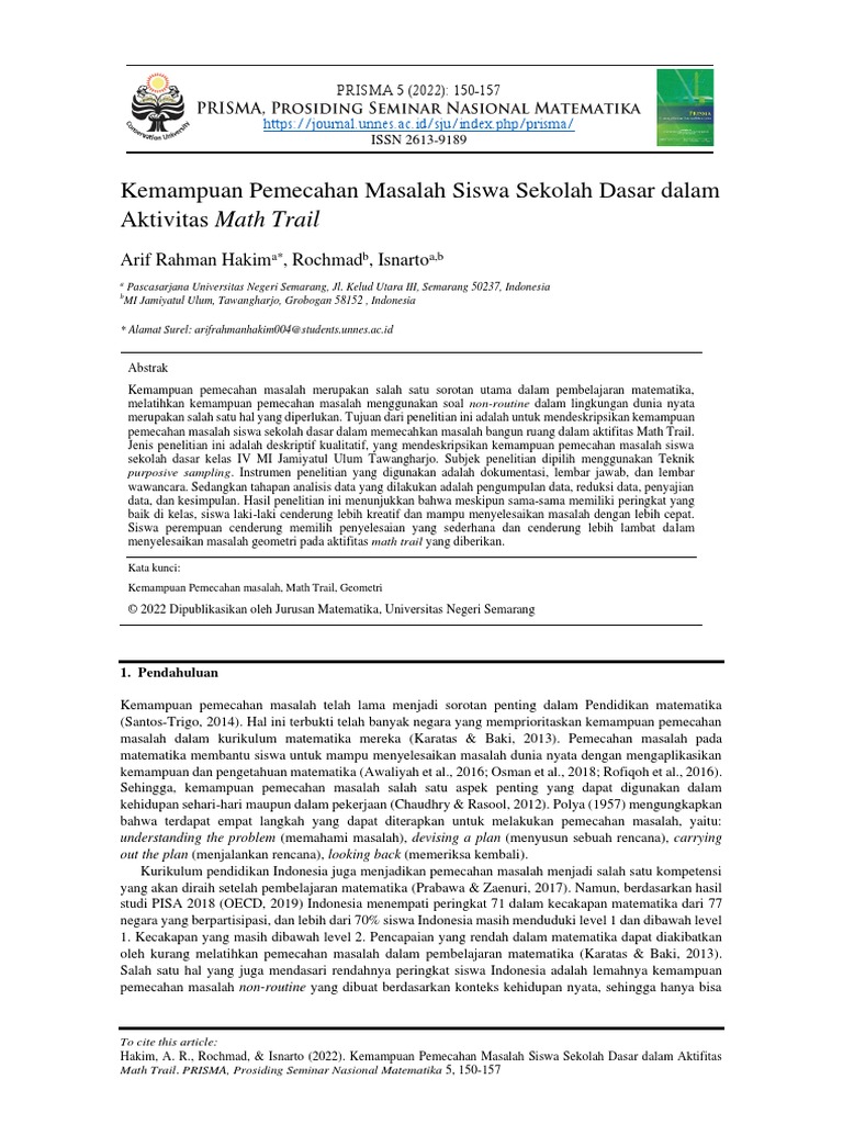 Kemampuan Pemecahan Masalah Siswa Sekolah Dasar Dalam Aktivitas Math Trail | PDF