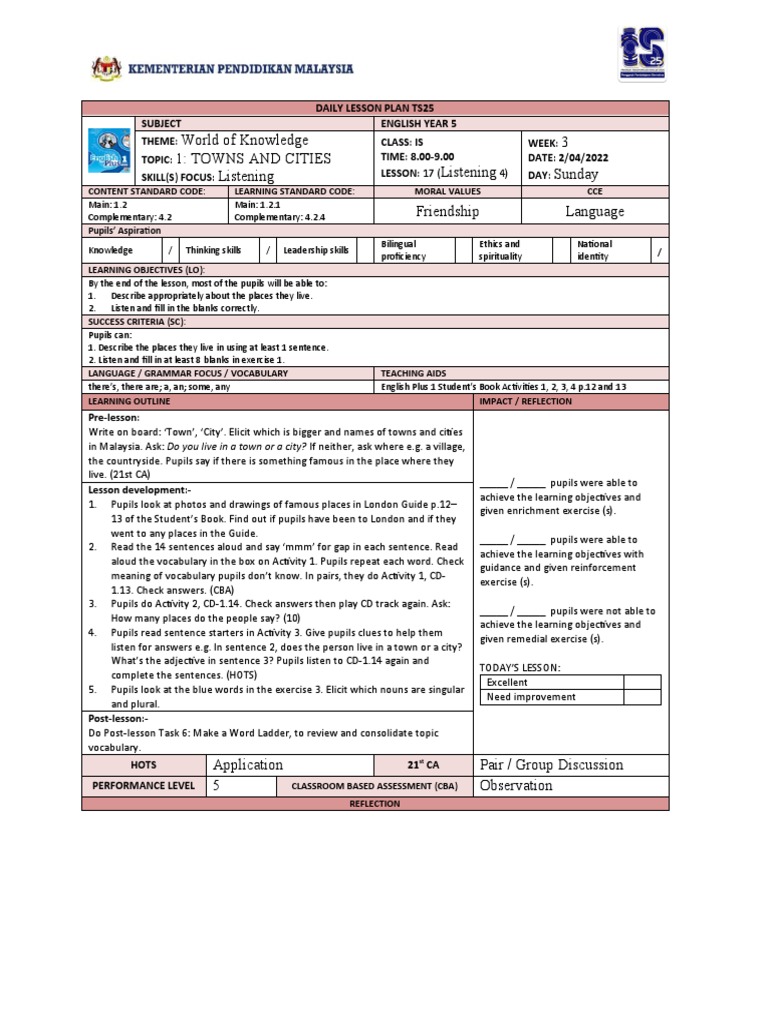 Bi Y5 TS25 Unit 1 (LP17-34) | PDF | Lesson Plan | English Language