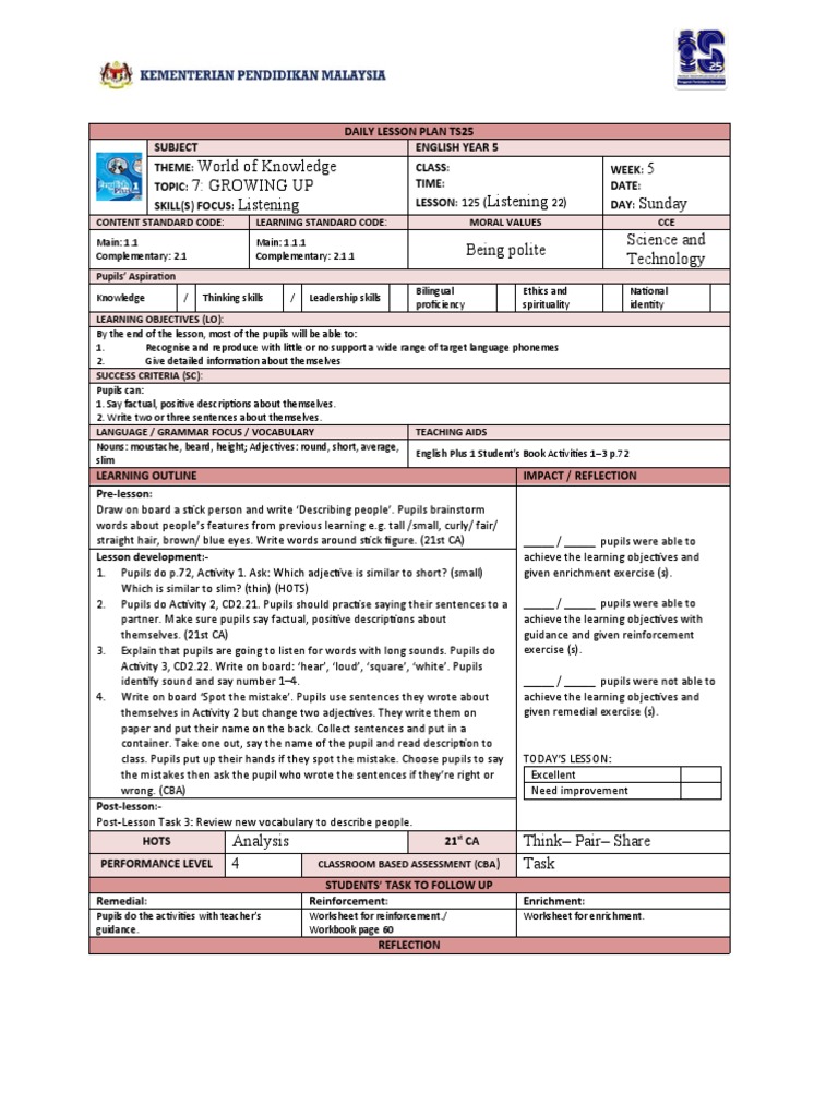 Bi Y5 TS25 Unit 7 (LP125-142) | PDF | Lesson Plan | English Language