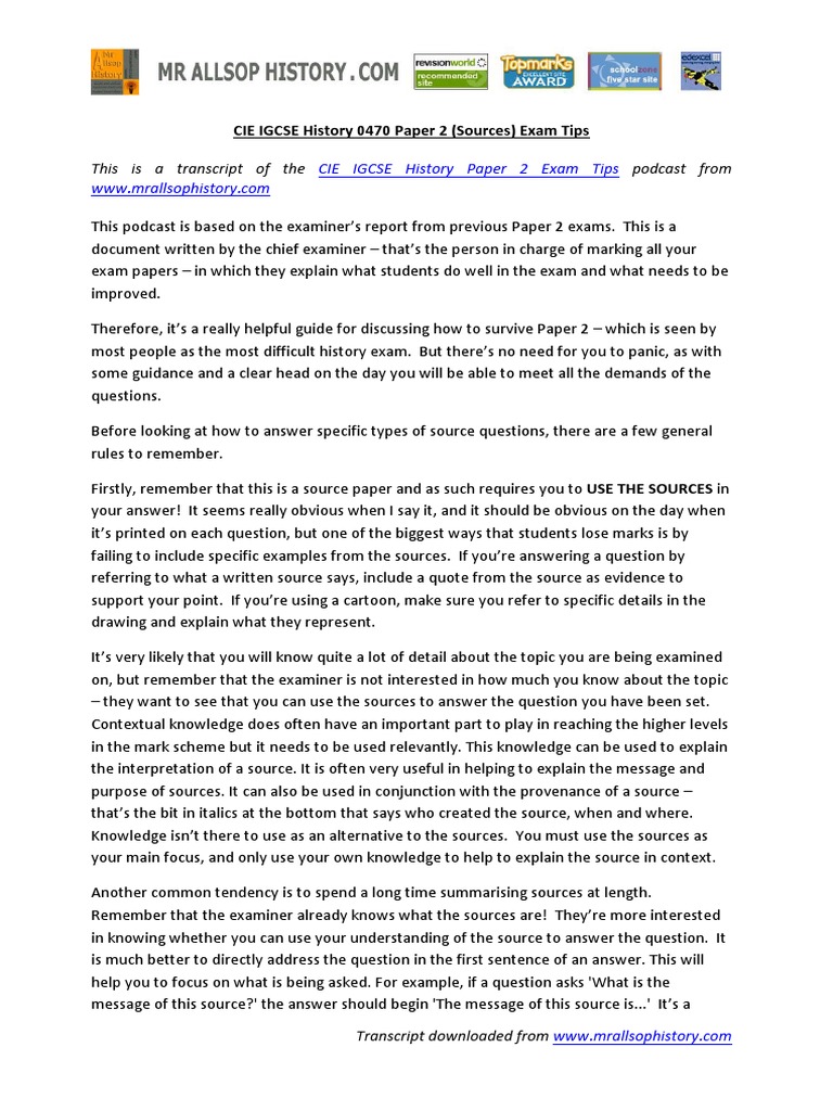 IGCSE History Paper 2 Exam Tips | PDF | Question | Knowledge