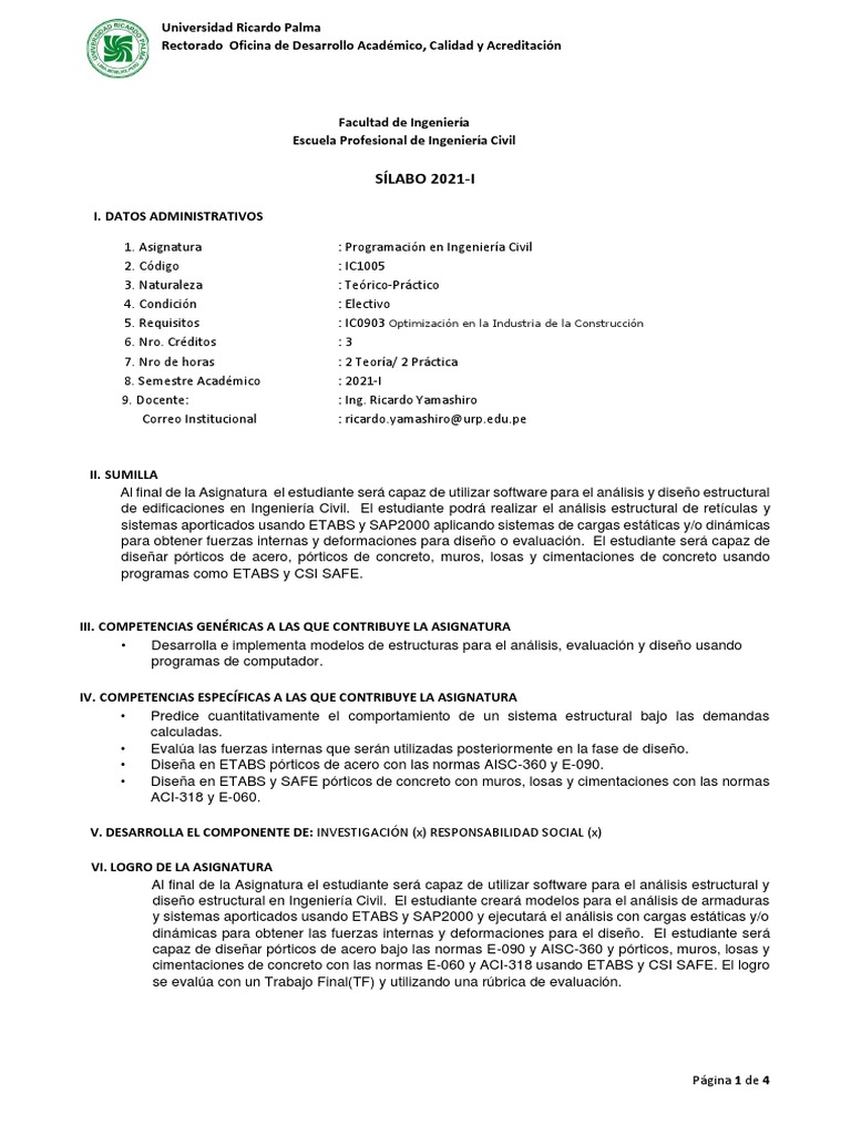 Sílabo Programación en Ing. Civil IC-1005 | PDF | Informática | Tecnología