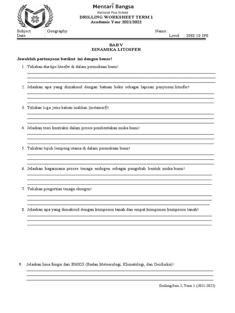 Drilling Worksheet Geography SH 10 Ips Term 1 Sem 2 | PDF