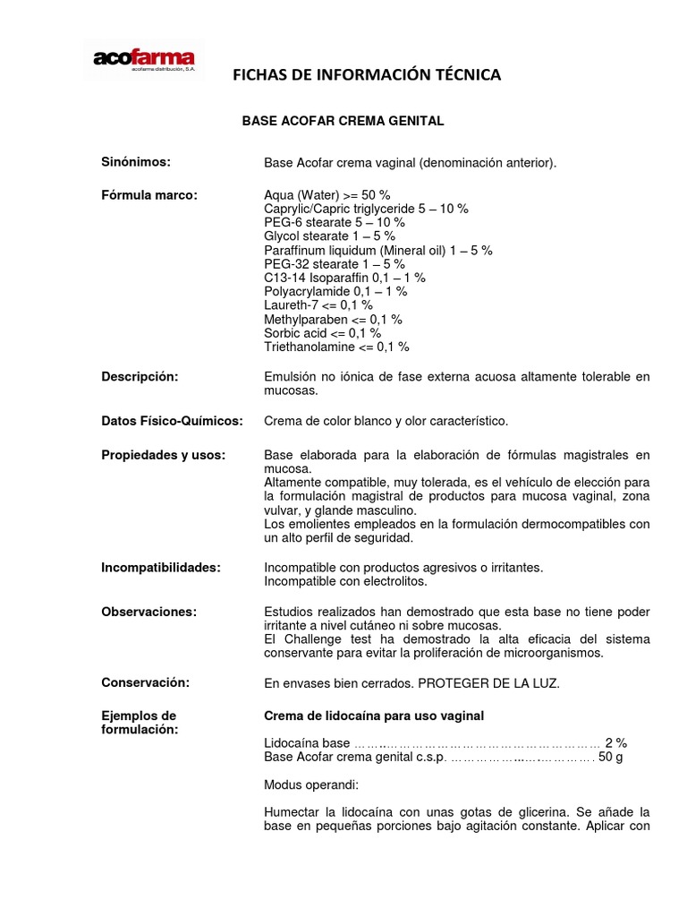FORMULAS CREMA BASE VAGINAL ACOFAR | PDF | Sustancias químicas | Química