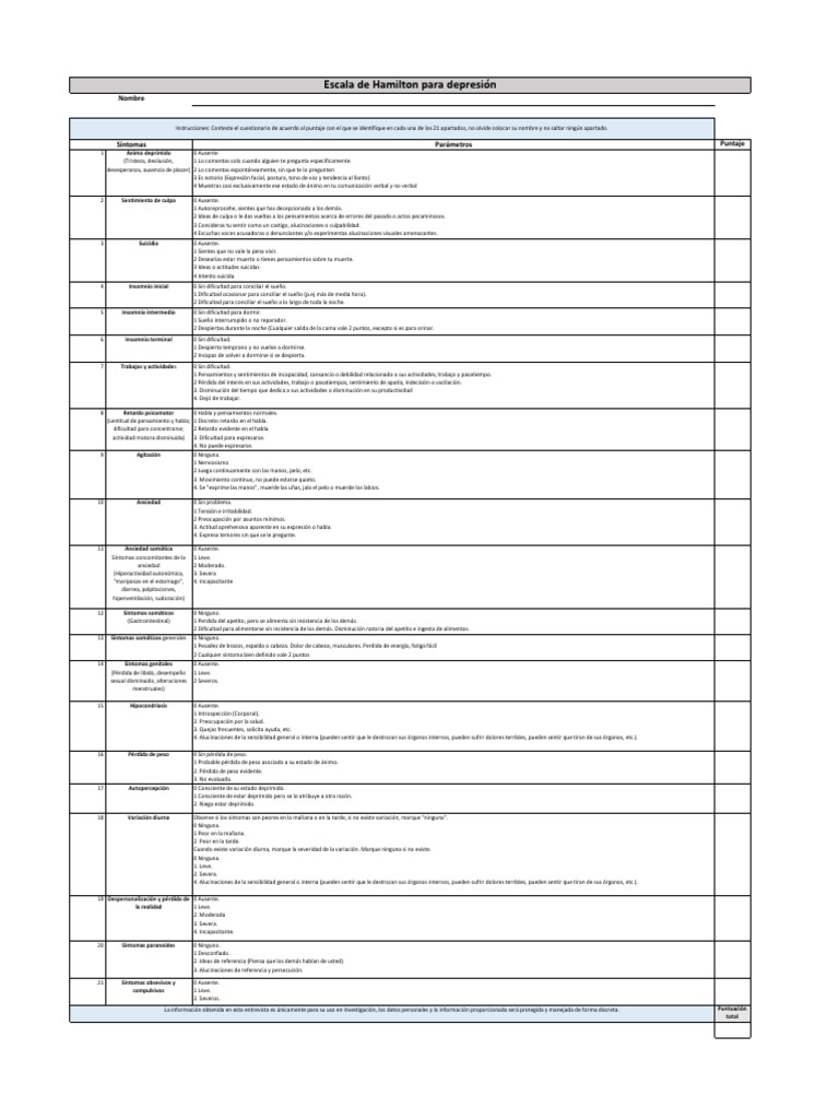Escala de Hamilton para Depresión: Nombre | PDF | Suicidio | Ansiedad