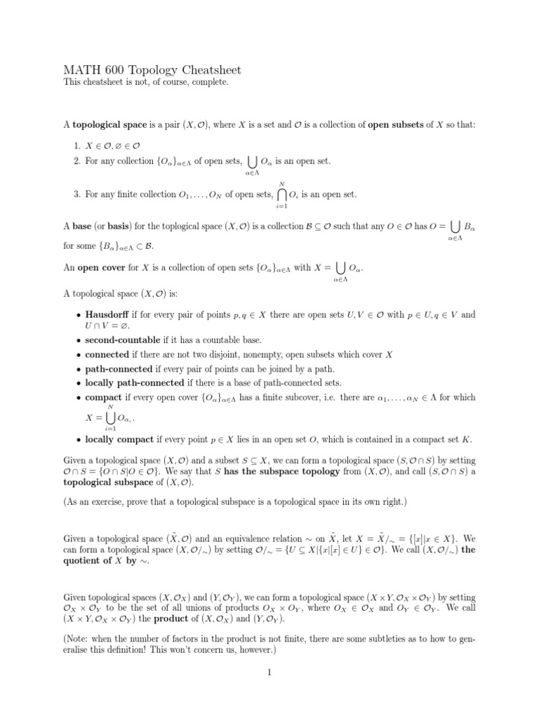 Topology Cheat Sheet | Download Free PDF | Mathematical Analysis | Topology