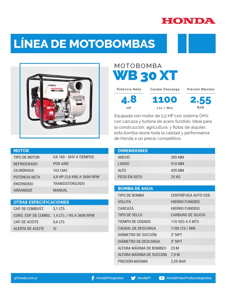 Especifiaciones Tecnicas Motobomba HONDA WB30 XT | PDF | Motores | Ingeniería mecánica