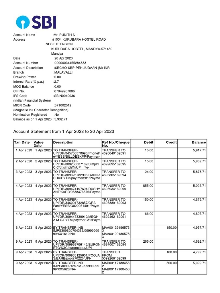 Account Statement From 1 Apr 2023 To 30 Apr 2023: TXN Date Value Date Description Ref No./Cheque ...