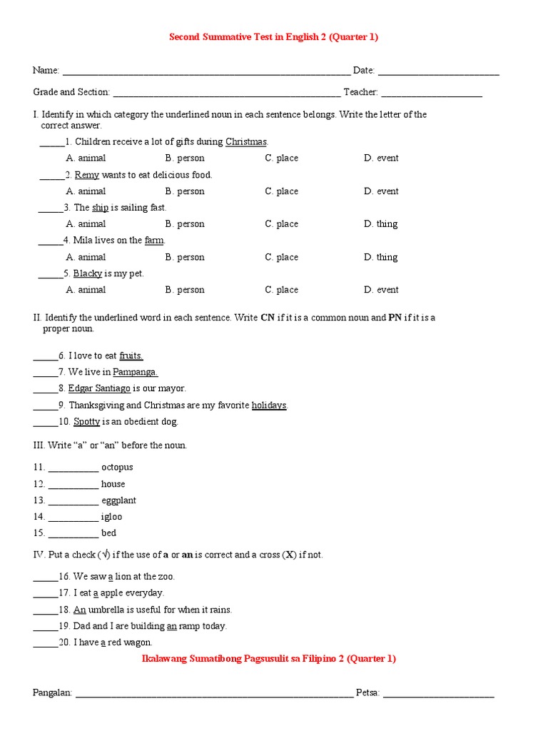 Second Summative Test in English 2 (Quarter 1) | PDF
