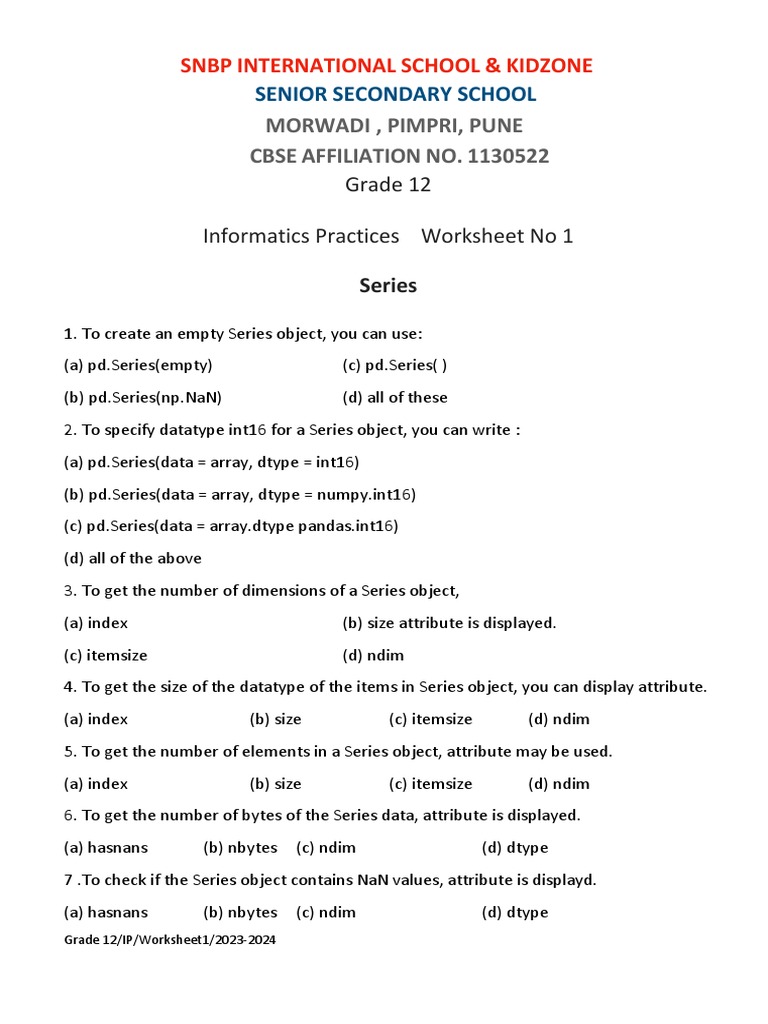 Grade 12 - Data Handling Using Pandas 1-Worksheet 1 | PDF | Integer (Computer Science ...