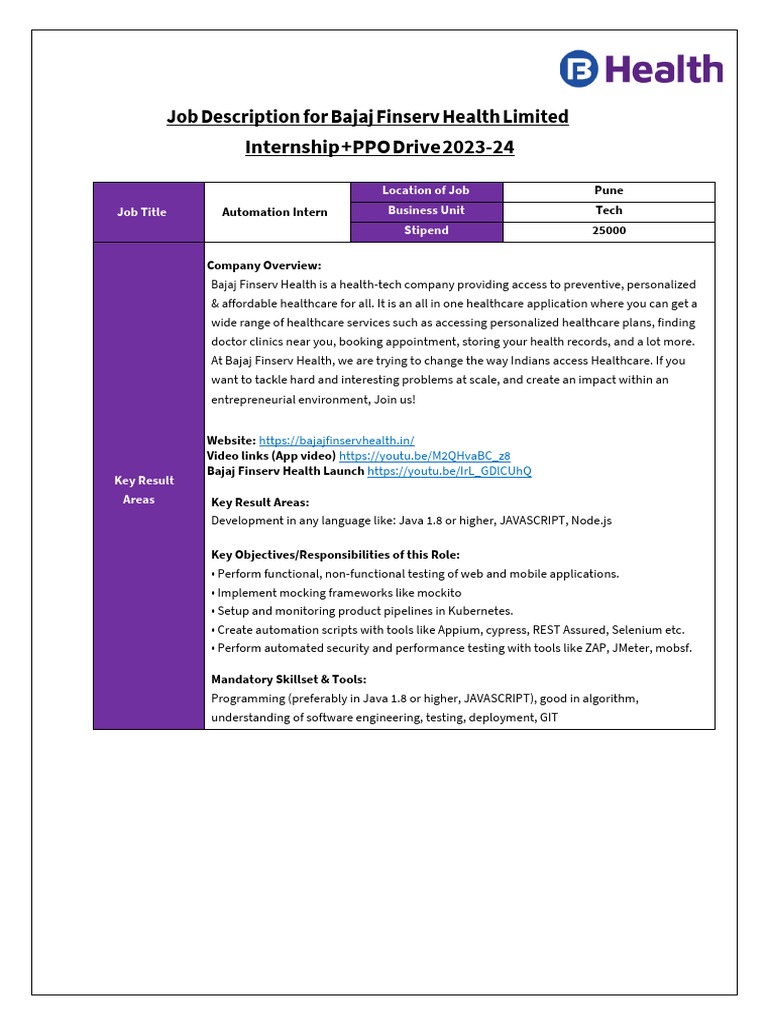 Job Description - Automation - Tech Internship (Class of 2024) | PDF