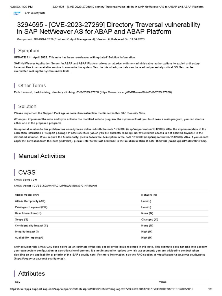 (CVE-2023-27269) Directory Traversal Vulnerability in SAP NetWeaver AS ...