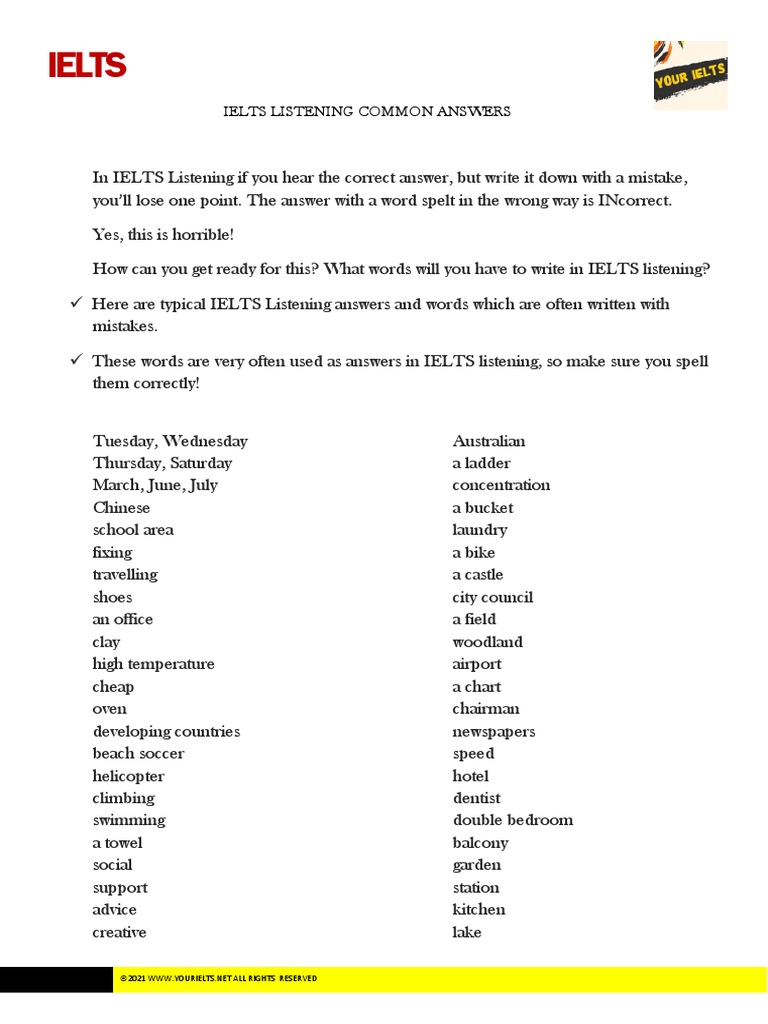 IELTS Listening Common Answers | PDF