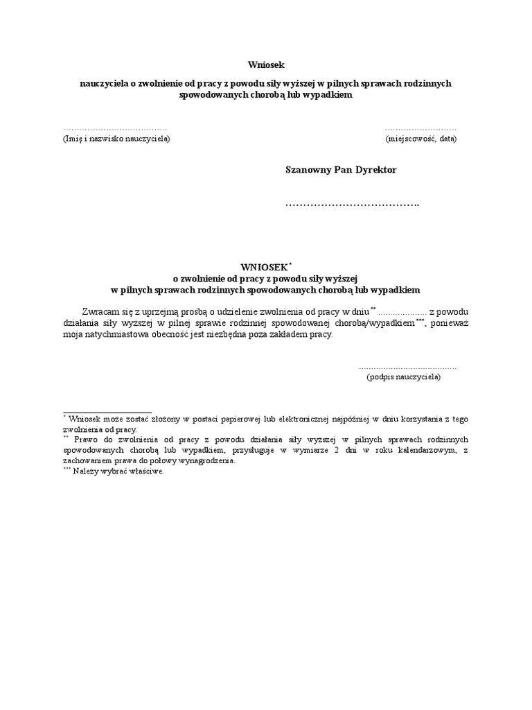 WNIOSEK - Zwolnienie Od Pracy Z Powodu Siły Wyższej | PDF