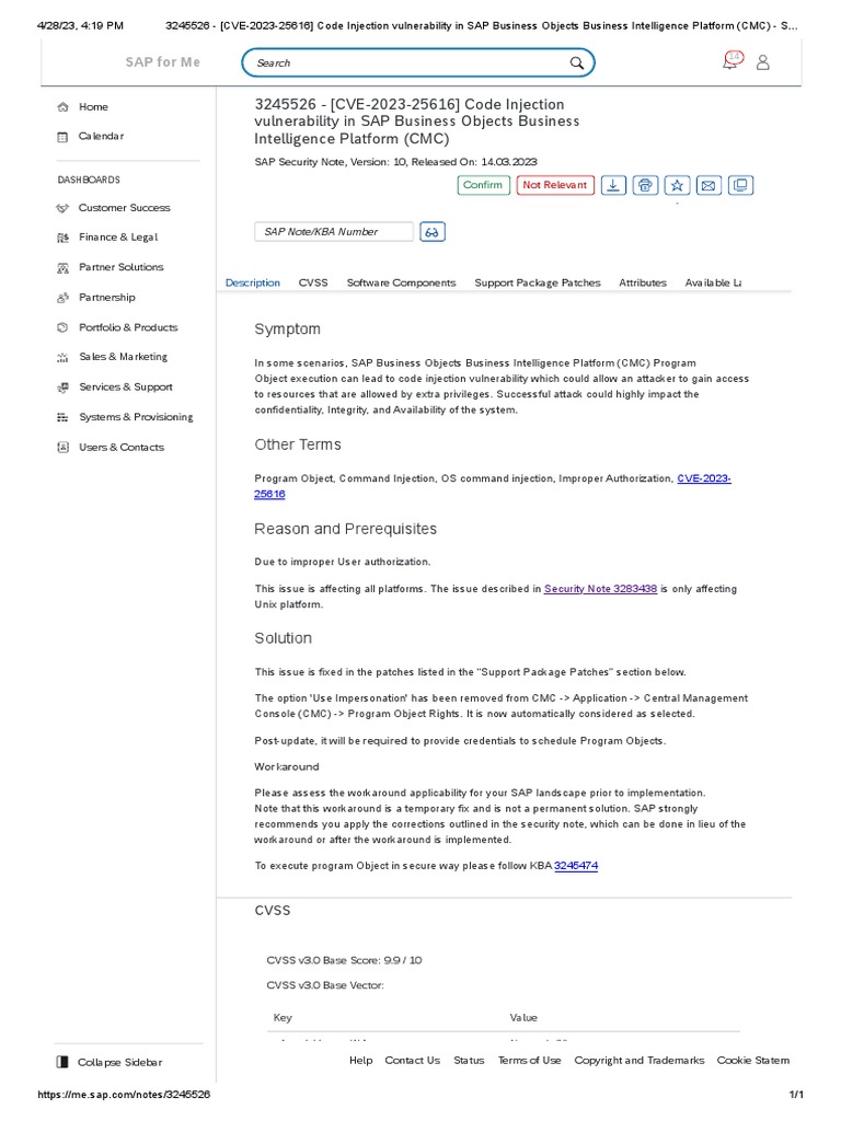 (CVE-2023-25616) Code Injection Vulnerability in SAP Business Objects Business Intelligence ...