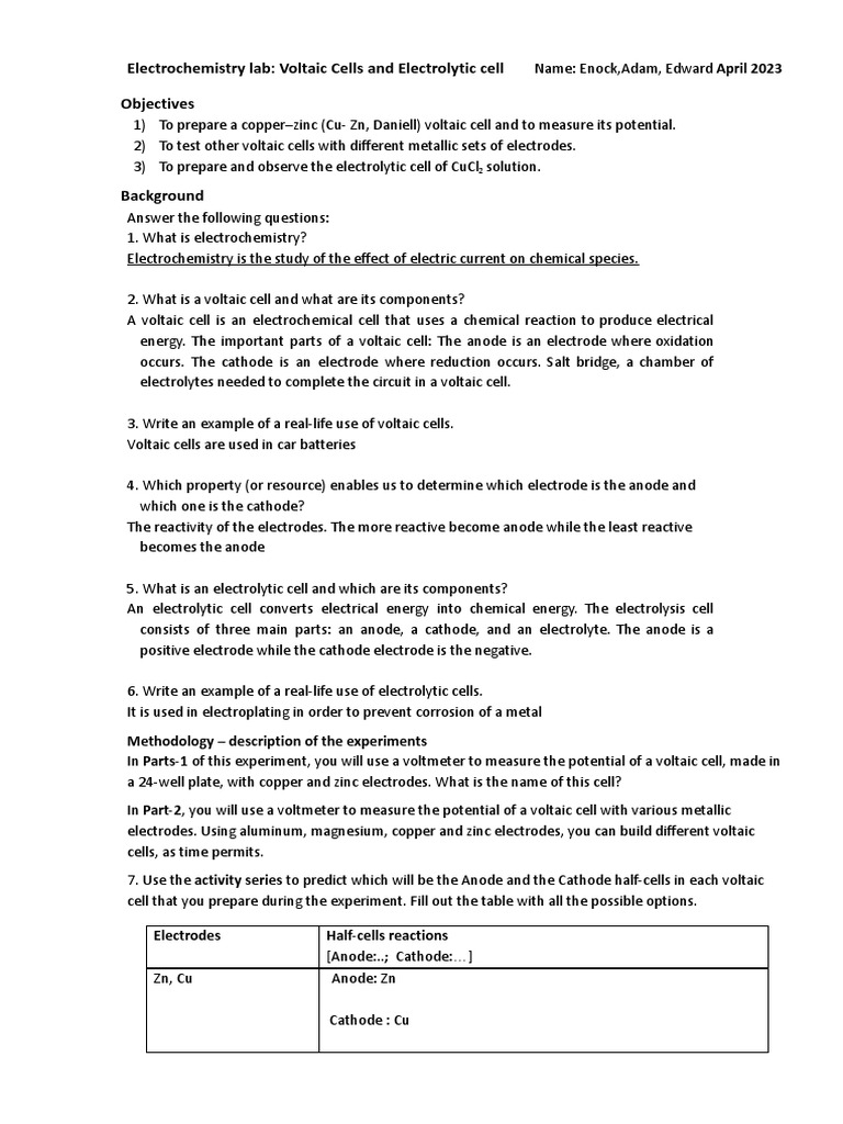 Electrochemistry Lab: Cell Experiments | PDF | Electrochemistry | Anode