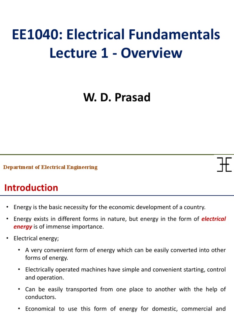 EE1040: Electrical Fundamentals Lecture 1 - Overview: W. D. Prasad | Download Free PDF | Power ...