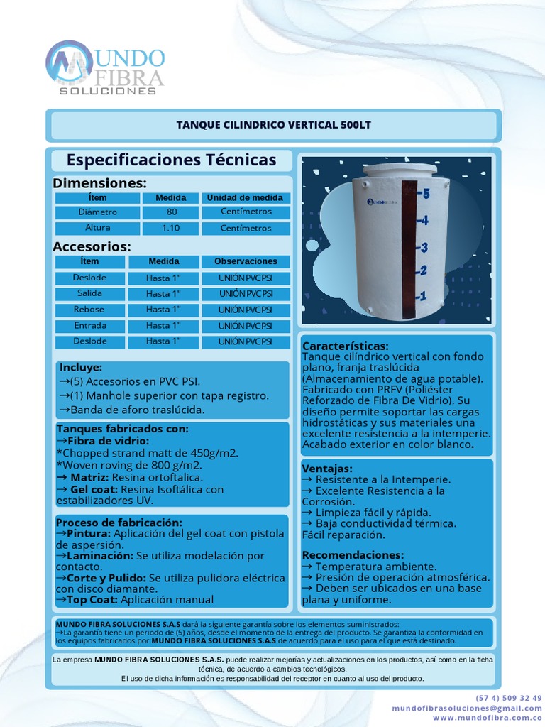 Ficha Técnica Tanque Cilíndrico Vertical de 500 LT | PDF | Materiales ...