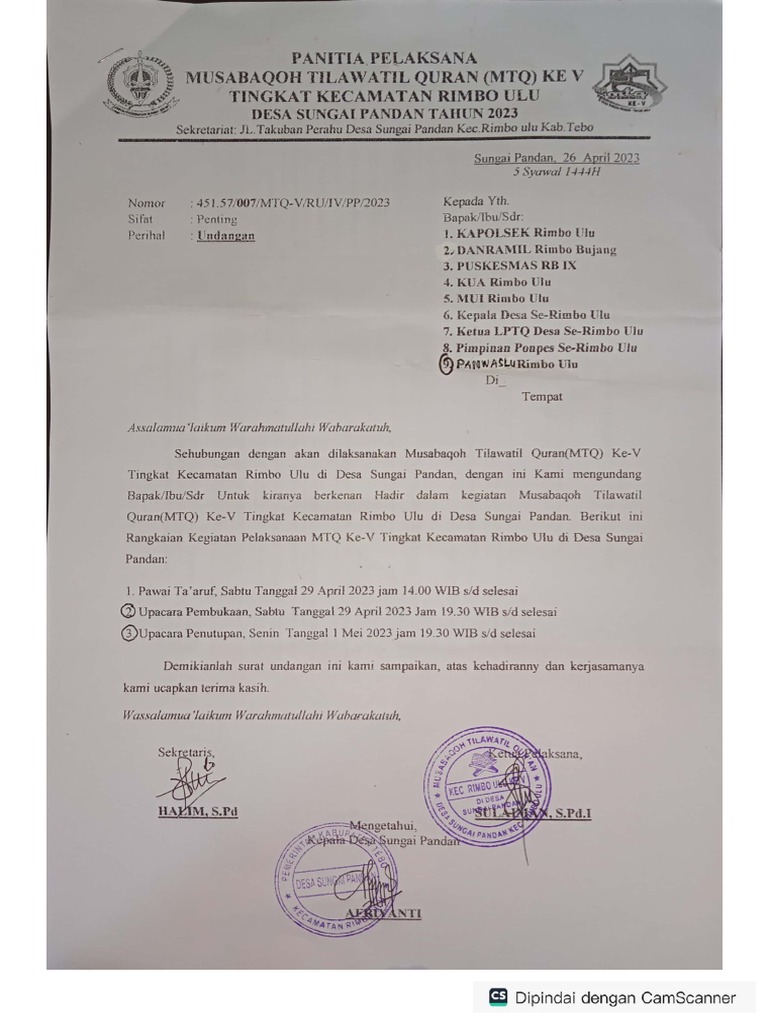 Contoh Undangan Pembukaan MTQ Tingkat Kecamatan | PDF