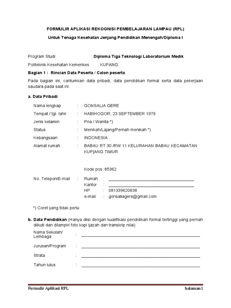 Formulir Aplikasi RPL - TLM | PDF