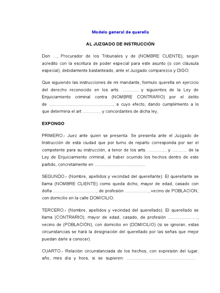 Modelo General de Querella | PDF | Queja | Fianza