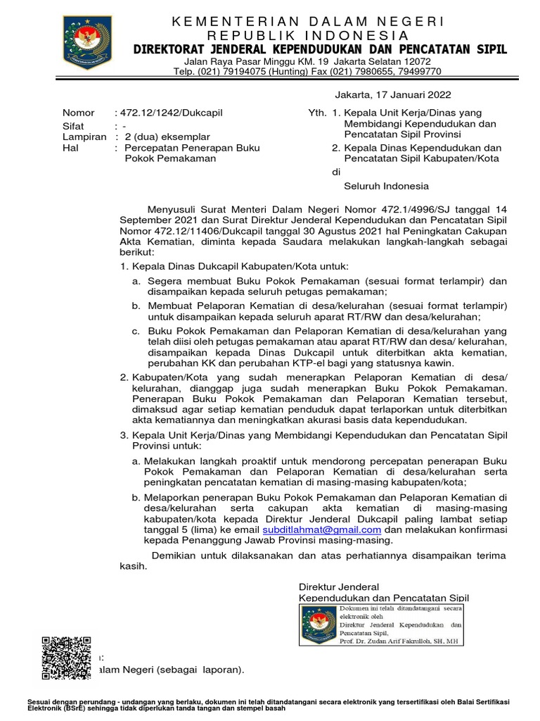 Surat Edaran Percepatan Penerapan Buku Pokok Pemakaman | PDF