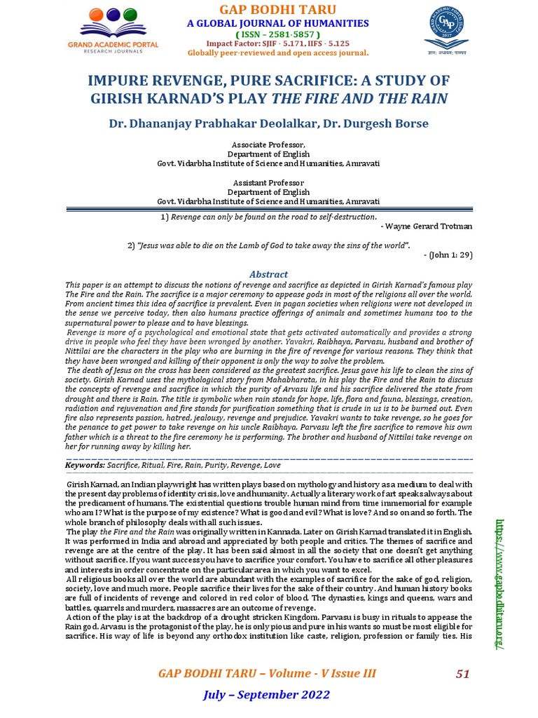 Impure Revenge, Pure Sacrifice: A Study of Girish Karnad'S Play The ...