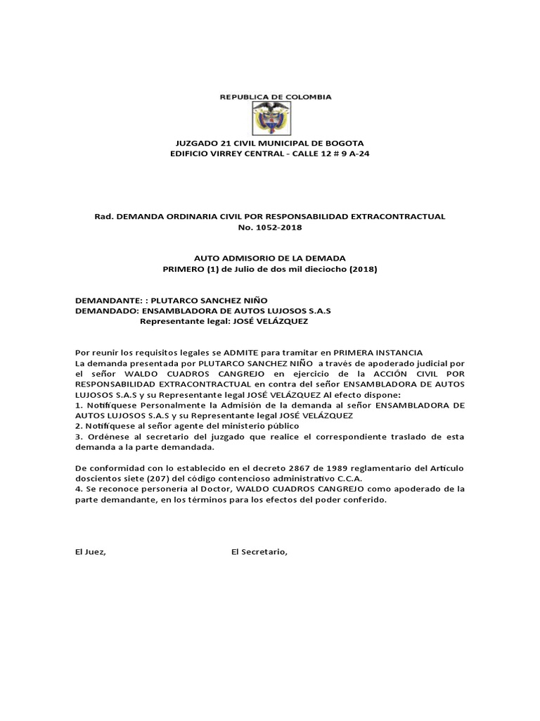 Auto Admisorio de La Demanda | PDF