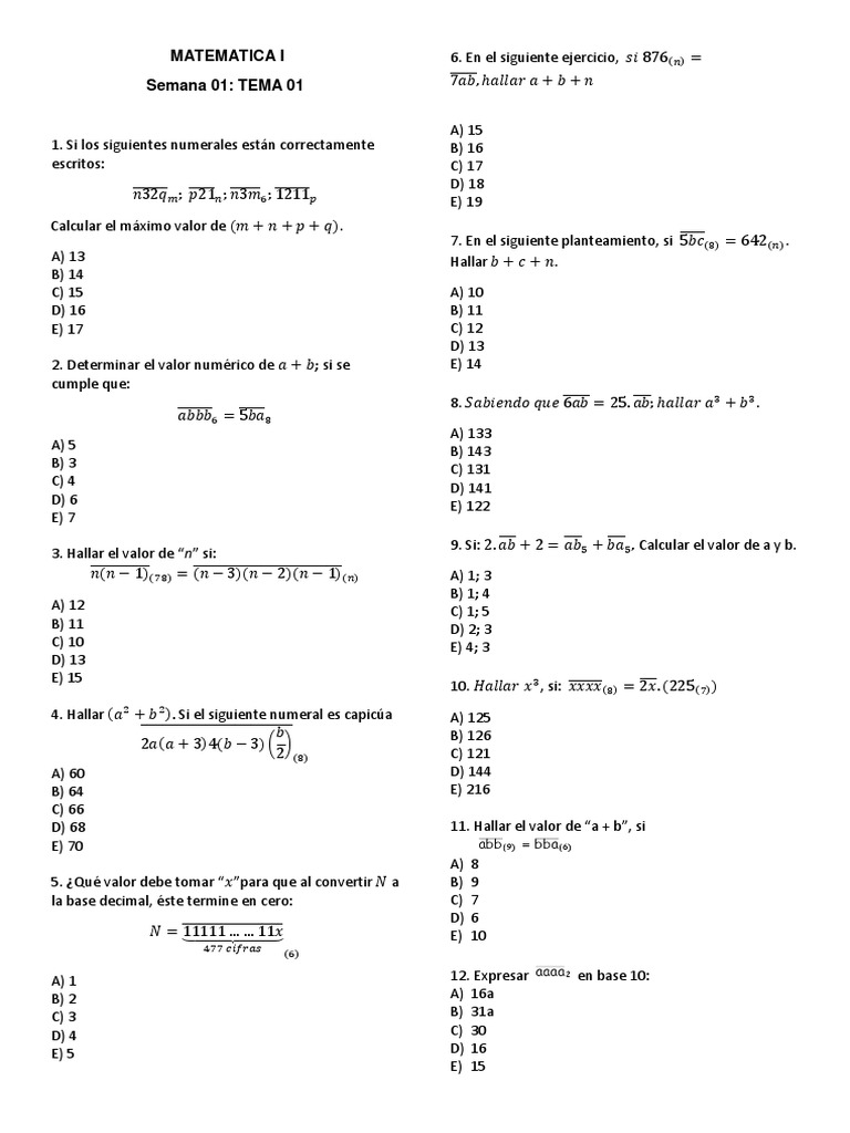 Matematica I Semana 01: TEMA 01: Bba Abb | PDF | División (Matemáticas) | Notación Matemática