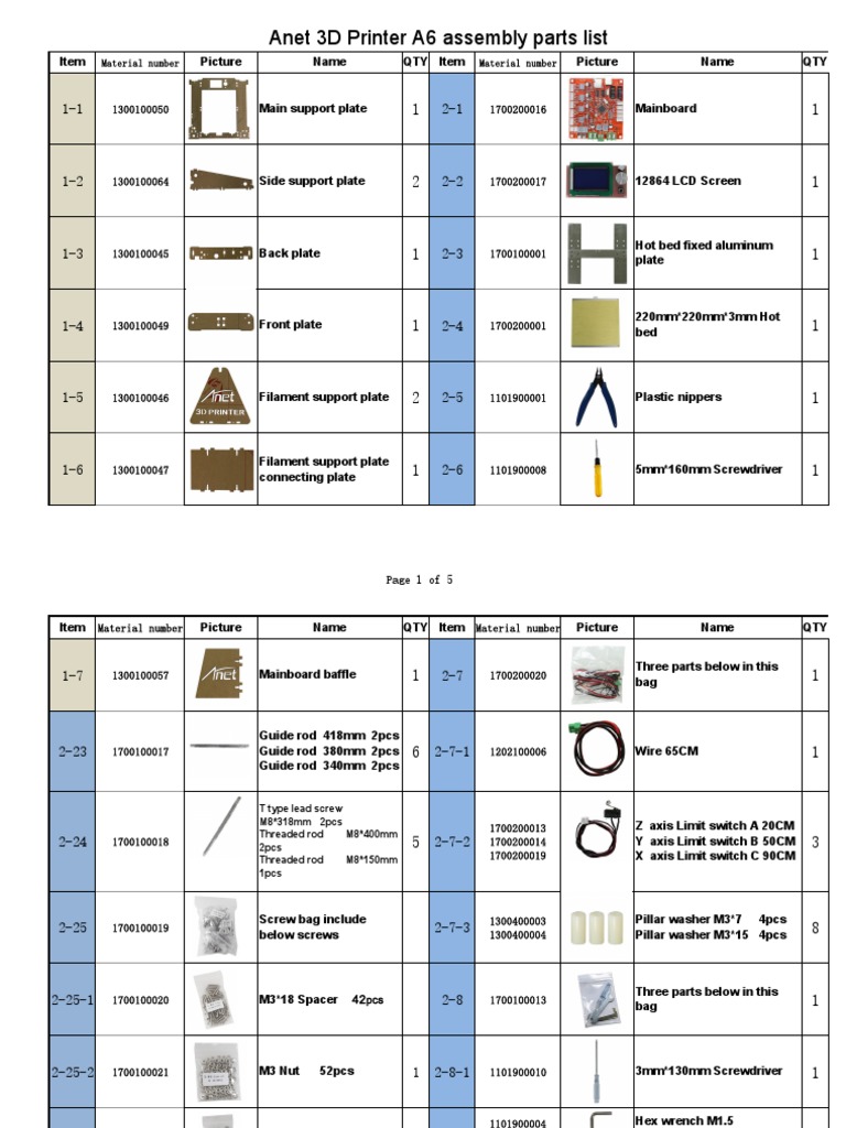 3D Printer A6 Assembly Parts List1.0 | PDF