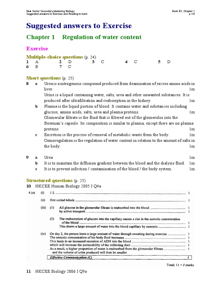 Suggested Answers To Exercise: Chapter 1 Regulation of Water Content | PDF | Medical Specialties ...