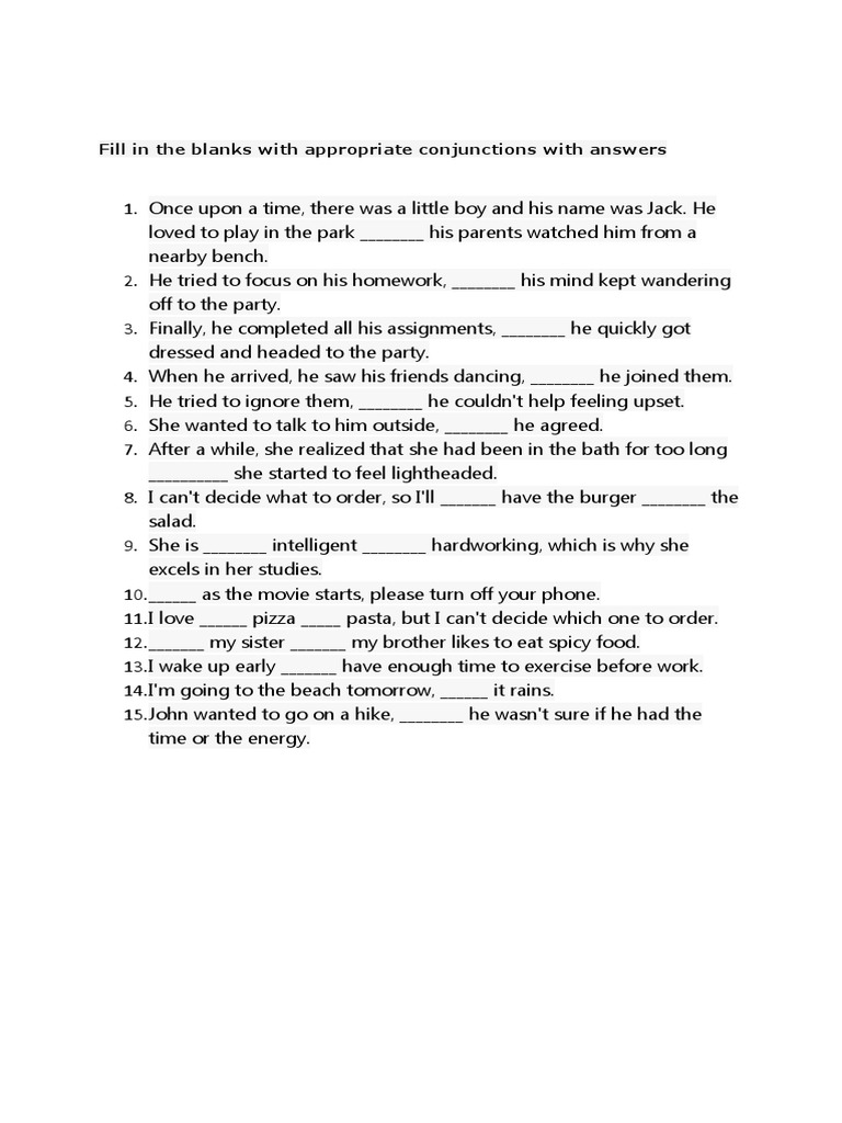 Fill in The Blanks With Appropriate Conjunctions With Answers | PDF ...