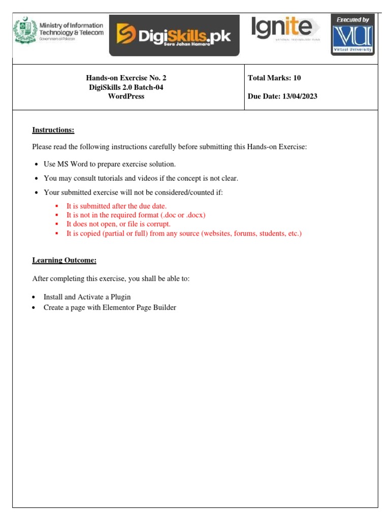 Hands-On Exercise No. 2 Digiskills 2.0 Batch-04 Wordpress Total Marks: 10 Due Date: 13/04/2023 | PDF
