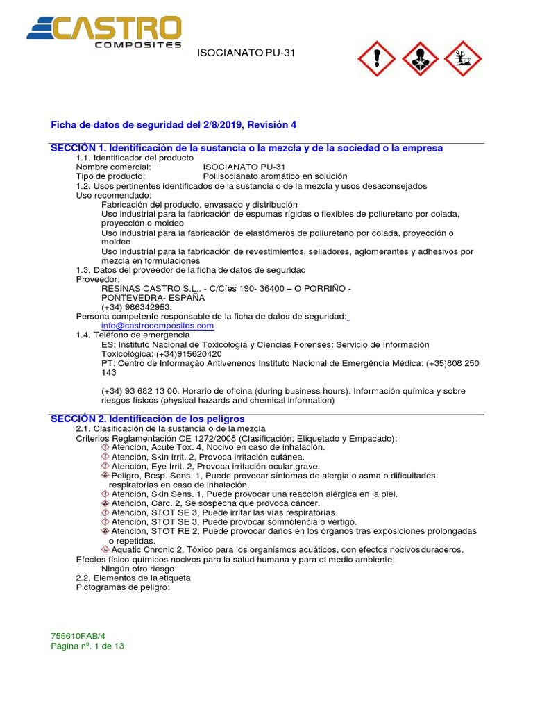 MSDS Isocianato Pu-31 Es | PDF | Alergia | Agua