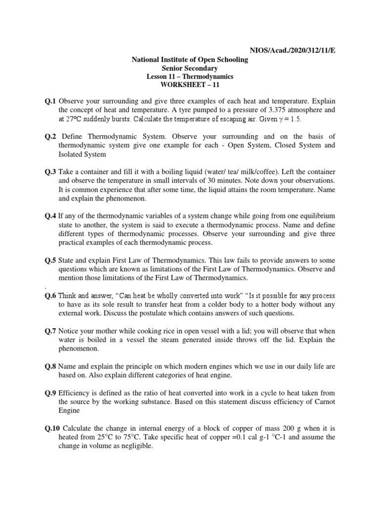 Lesson 11 - Thermodynamics Worksheet - 11 | PDF | Heat | Thermodynamics