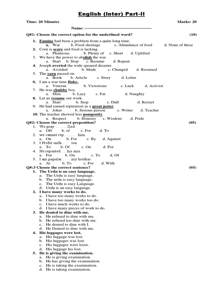 English Inter Part-II Exam Questions | PDF