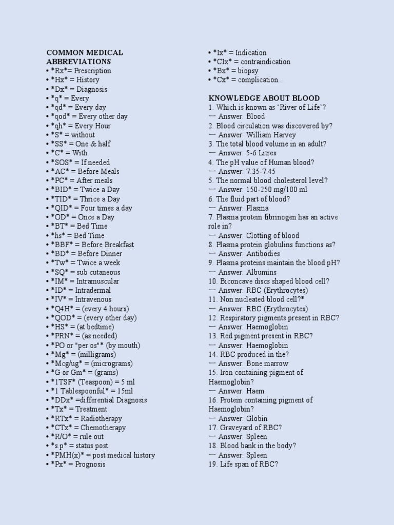 Medical Abbreviations and Terminology | PDF | White Blood Cell | Red ...