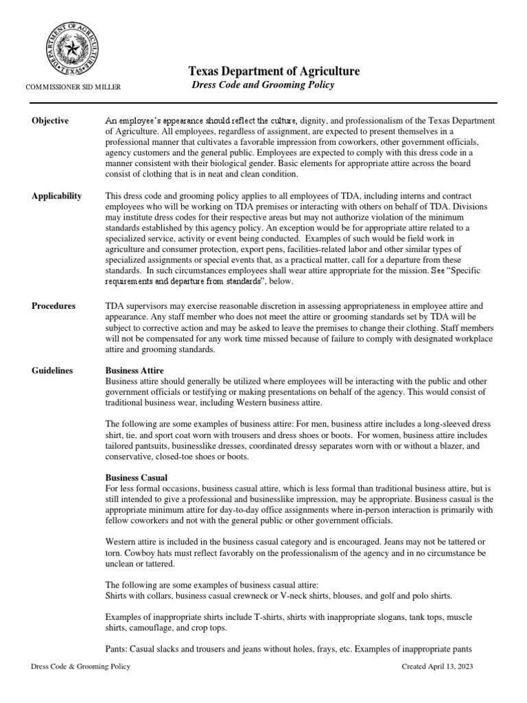 Dress Code and Grooming Policy | Download Free PDF | Clothing | Trousers