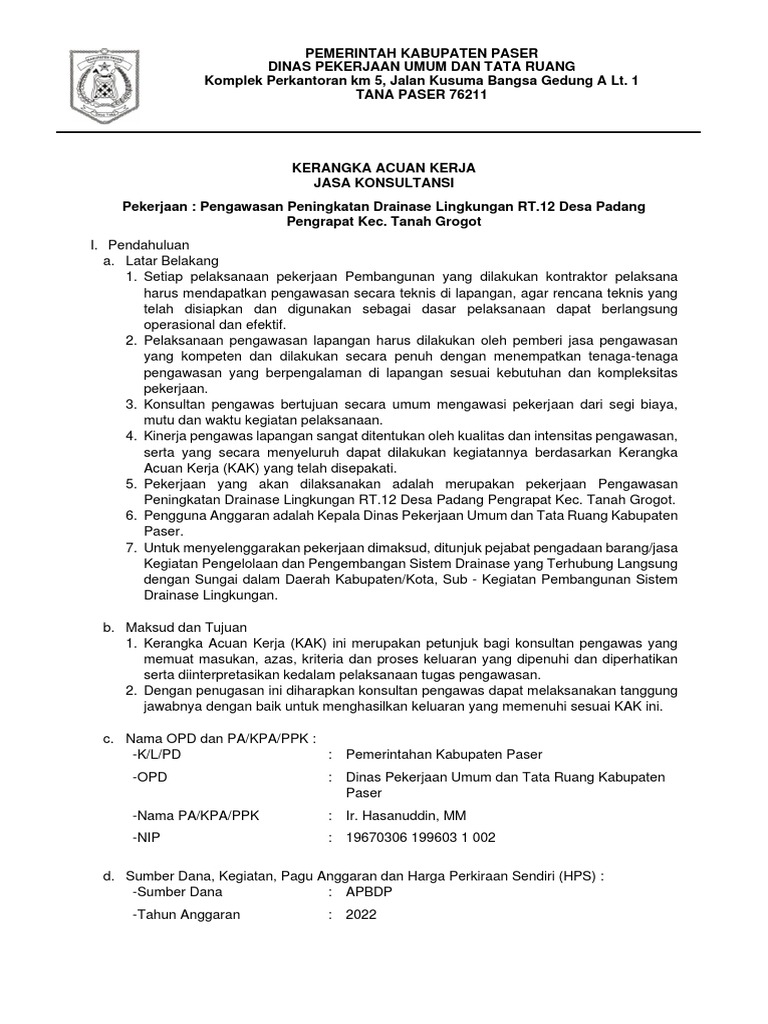 KAK Pws Padang Pengrapat | PDF