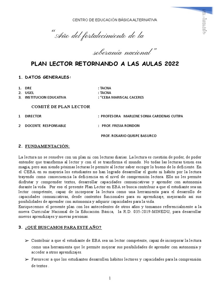 Plan Lector 2022 Eba Mc. | PDF | Comprensión lectora | Educación primaria