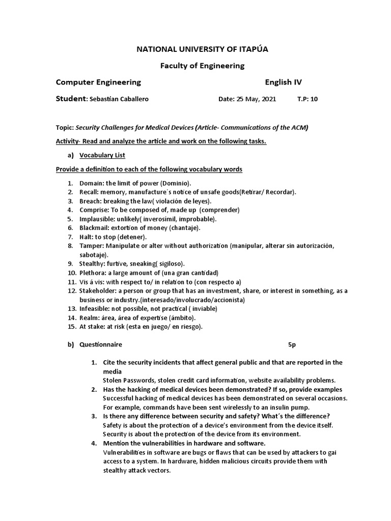 Task IV - Security Challenges For Medical Devices | PDF | Medical Device | Computing