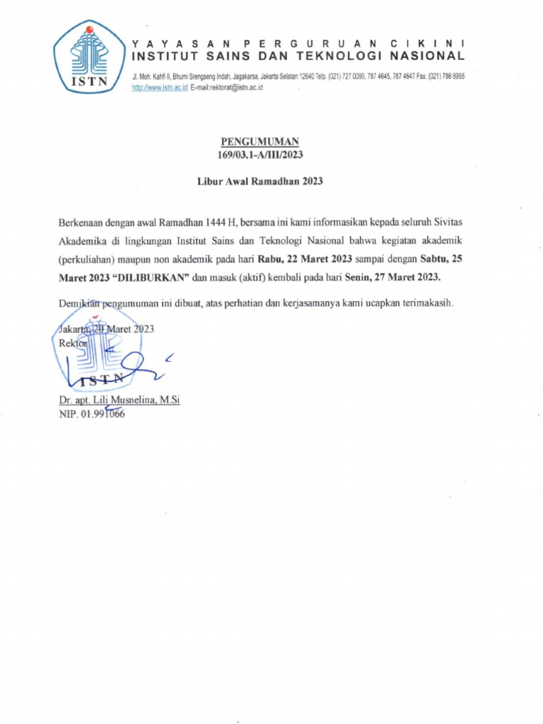 Istn 21032023092438 Pengumuman Libur Awal Ramadhan 2023 Pdf