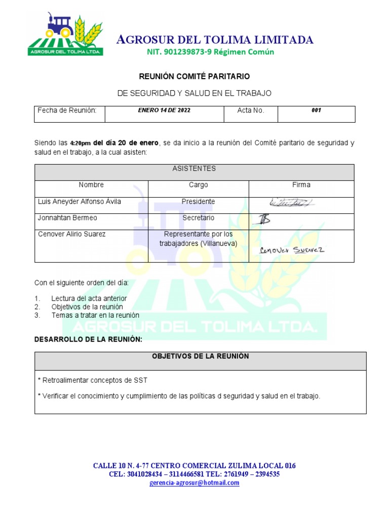 Acta de Reunion Copasst Enero 2022 | PDF