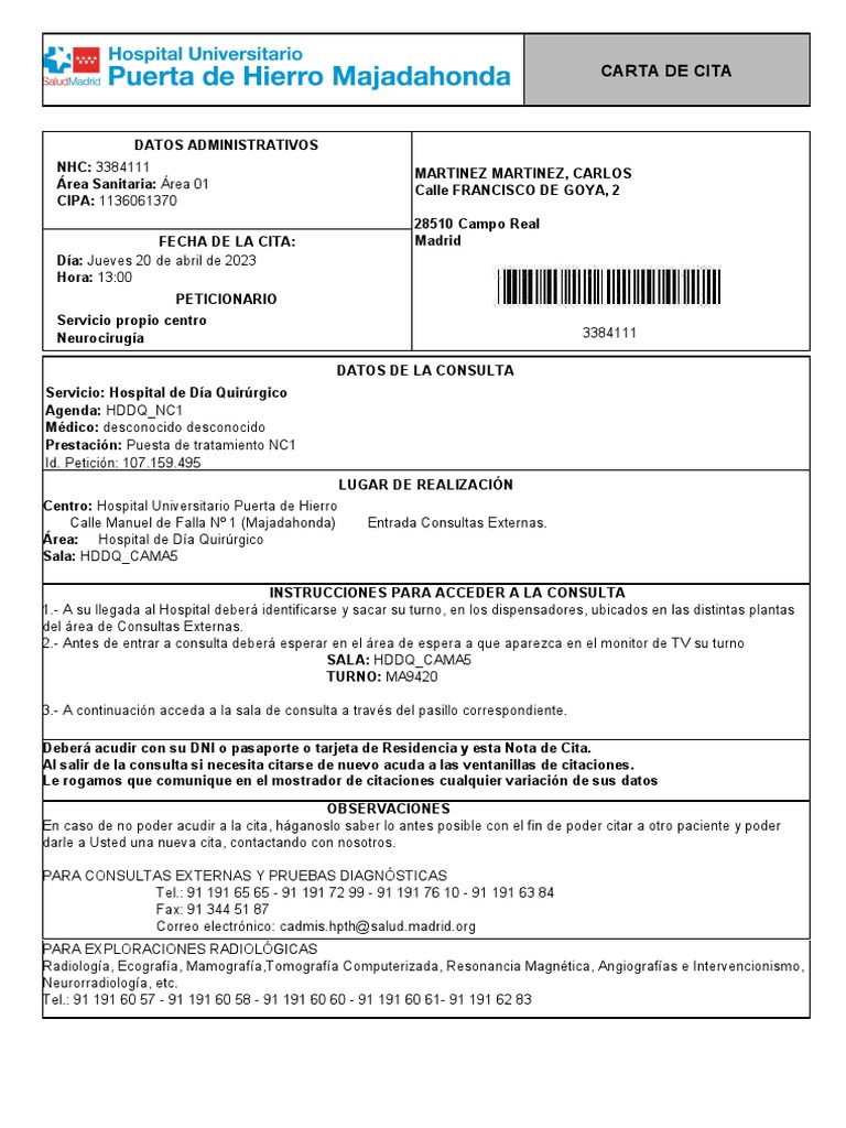 Carta de Cita | PDF | Medicina CLINICA | Ciencias de la Salud