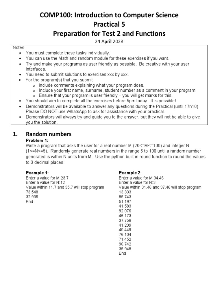 COMP100: Introduction To Computer Science Practical 5 Preparation For ...