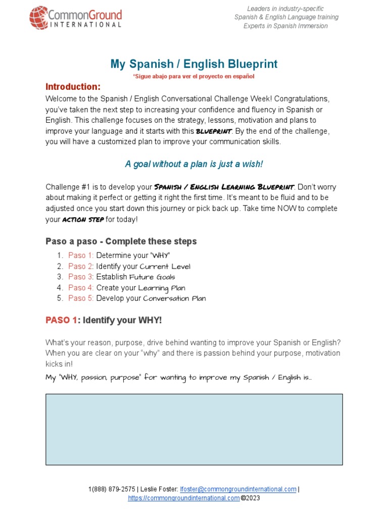 Challenge 1 My Spanish English Blueprint Fillable PDF 2023 | PDF ...