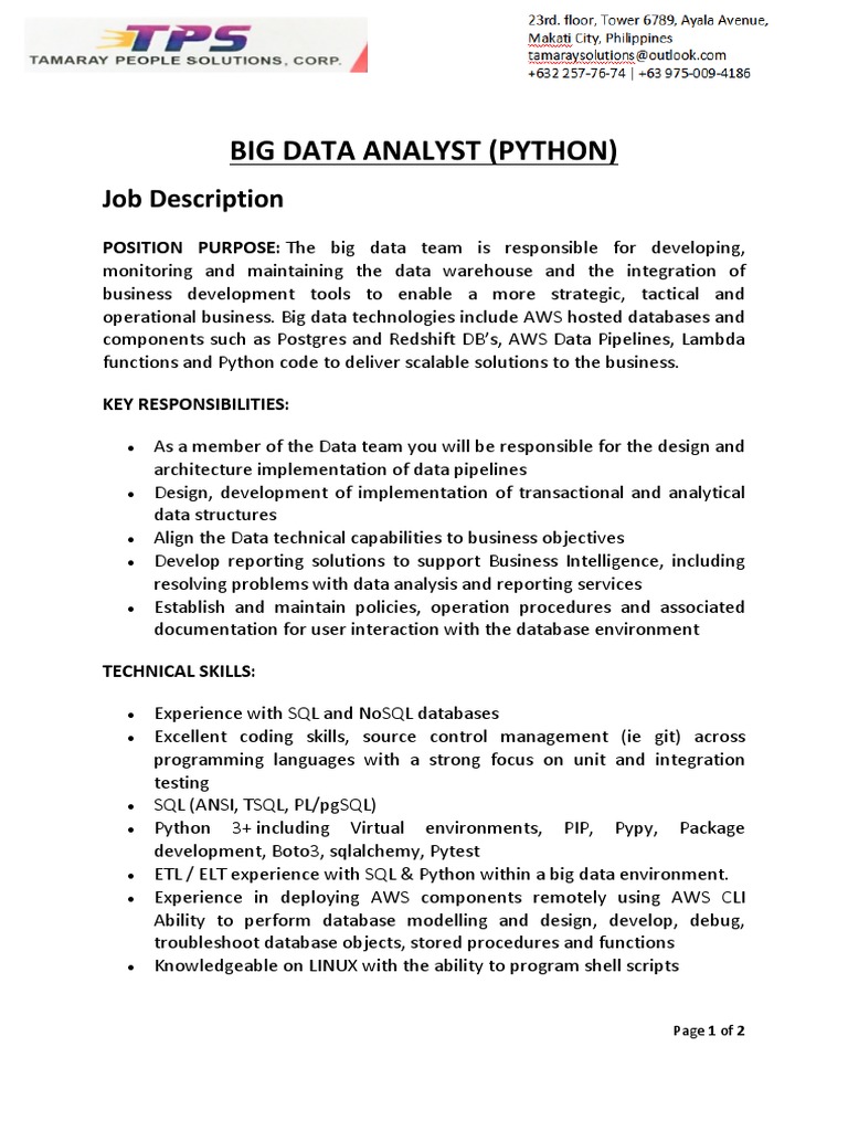 TPS JD - Big Data Analyst (Python) | PDF | Databases | Amazon Web Services